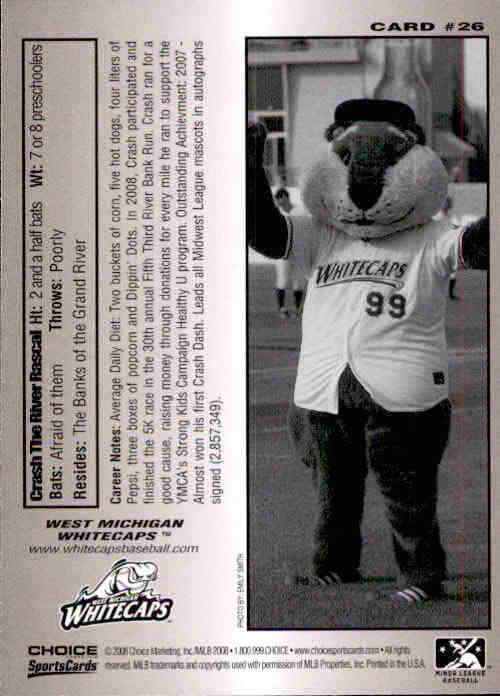 2008 West Michigan Whitecaps Choice #26 Crash the River Rascal MASCOT ...