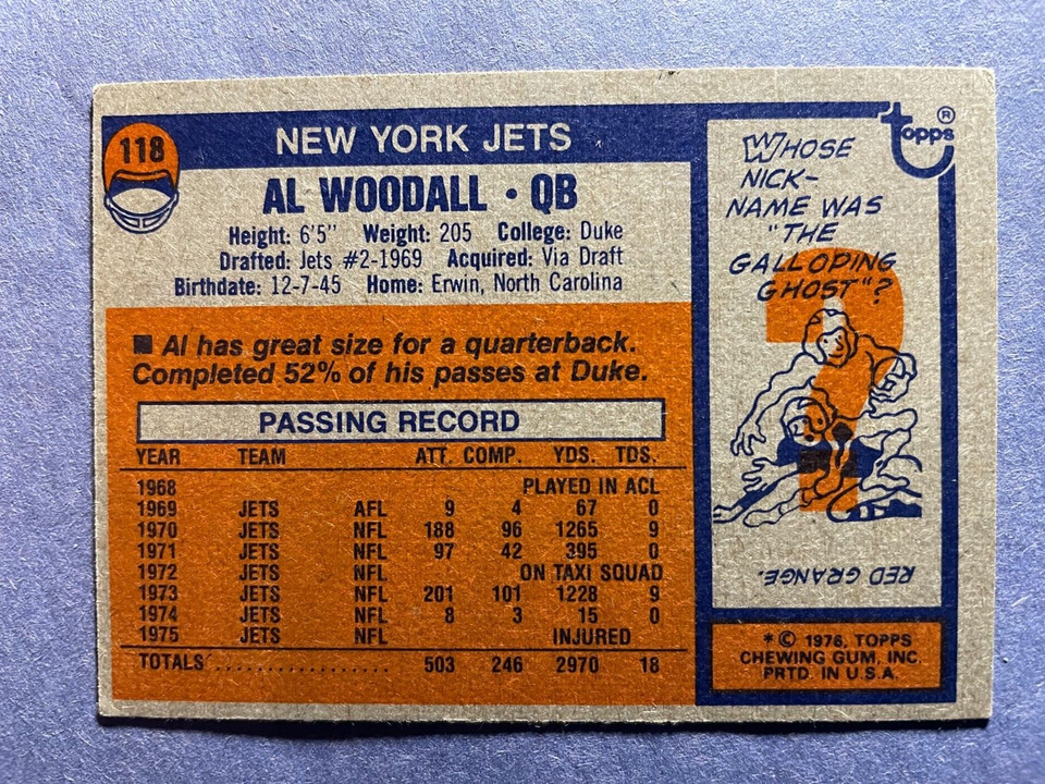 SIGNED AL WOODALL 1976 TOPPS FOOTBALL CARD AUTOGRAPHED - JETS | eBay
