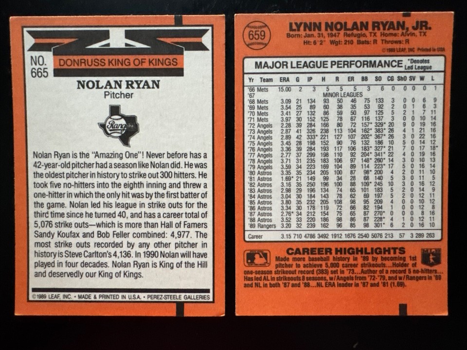 Nolan Ryan 1990 Donruss Kings Error Cards Pair #659 /#665 | eBay