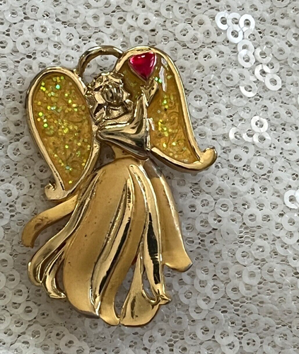 Vintage Enamel Angel w Wings Brooch Pin AAI Gold Tone Holding Red Heart ...