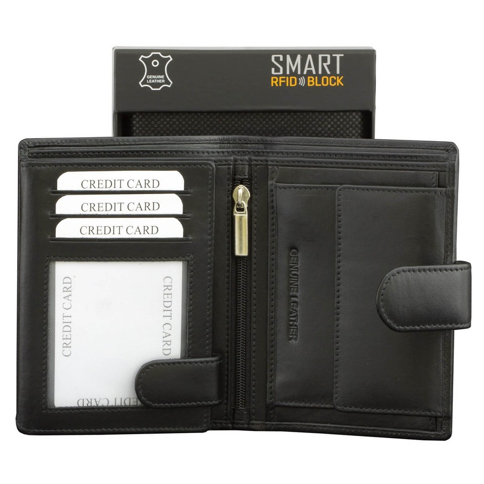 Mens RFID Blocking Genuine Leather Wallet Coin Pouch Zip Pocket ID ...