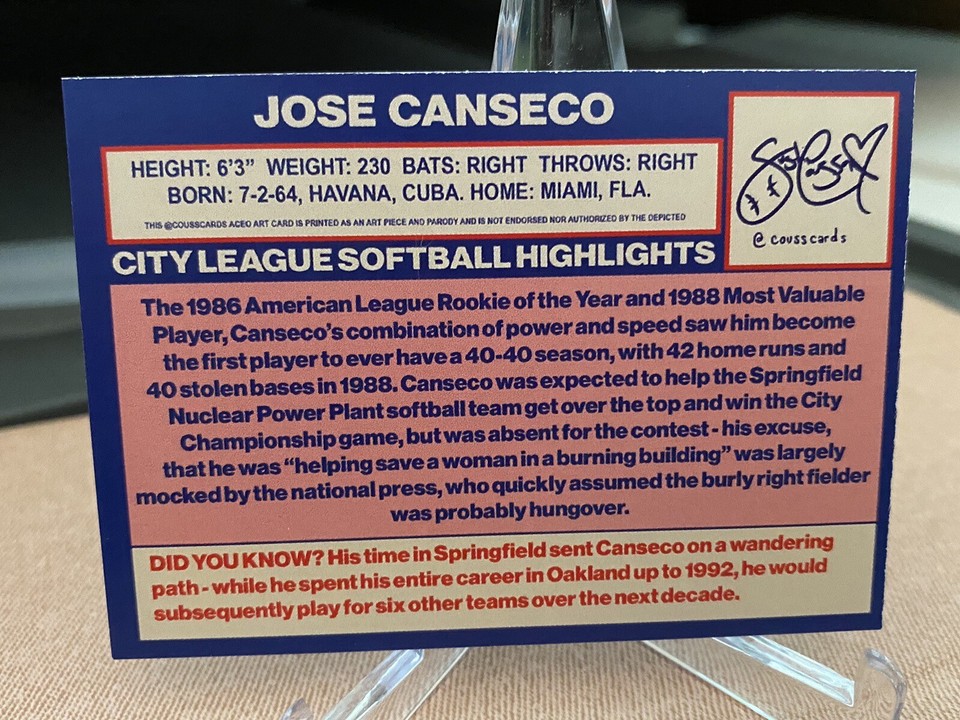 JOSE CANSECO THE SIMPSONS At The Bat ACEO Custom Baseball Card ...