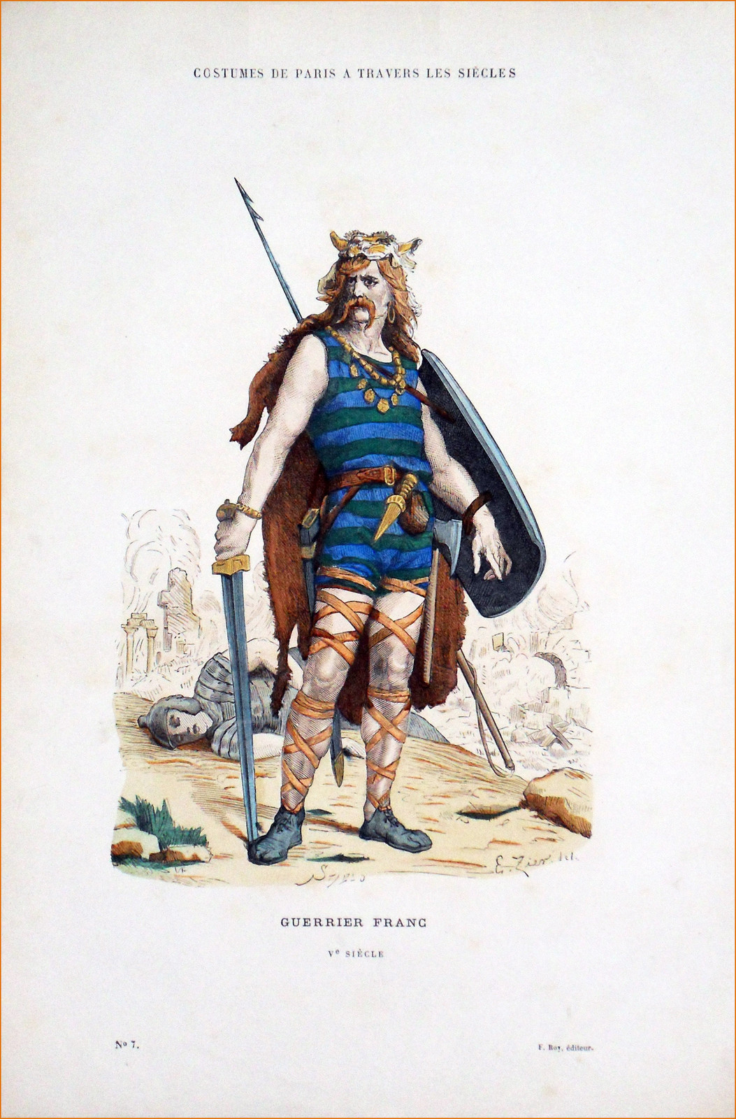 GUERRIER FRANC au 5e siècle - Gravure couleur du 19e siècle | eBay