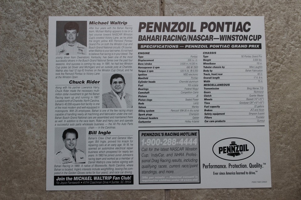 Michael Waltrip Pennzoil / Bahari Pontiac hero / promo card; 1992 ...