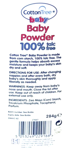 3 x COTTON TREE BABY BODY POWDER 280G 100% TALC FREE ABSORBS MOISTURE ...