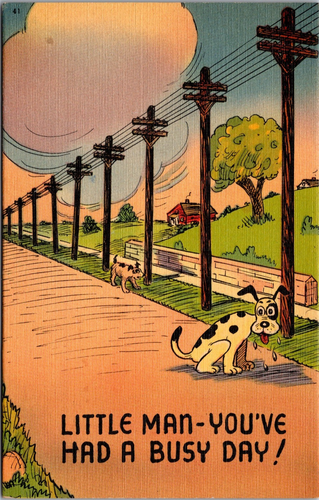 Postcard ~Comic Humor Little Man Had a Busy Day Dog and Electric Poles ...