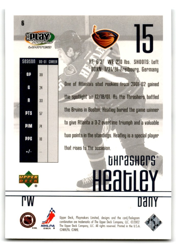 2002-03 Upper Deck Playmakers Dany Heatley Atlanta Thrashers #15 | eBay
