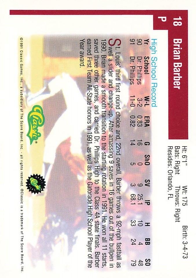 1991 Classic Draft Picks #18 Brian Barber St. Louis Cardinals | eBay