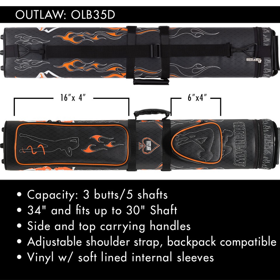 Outlaw OLB35D Stitch Flames 3x5 Hard Pool Cue Case Billiard Stick ...