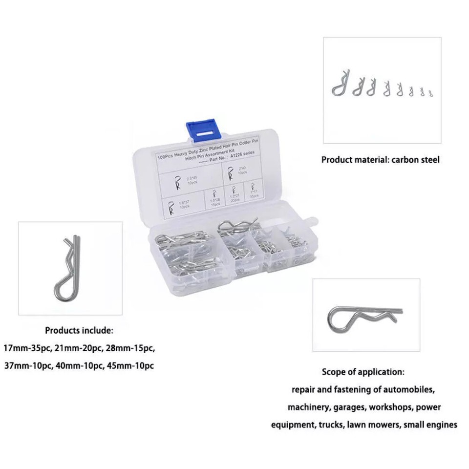 100Pcs Steel R Clips Spring Lynch Hitch Cotter Hair Pin Assortment Tool ...