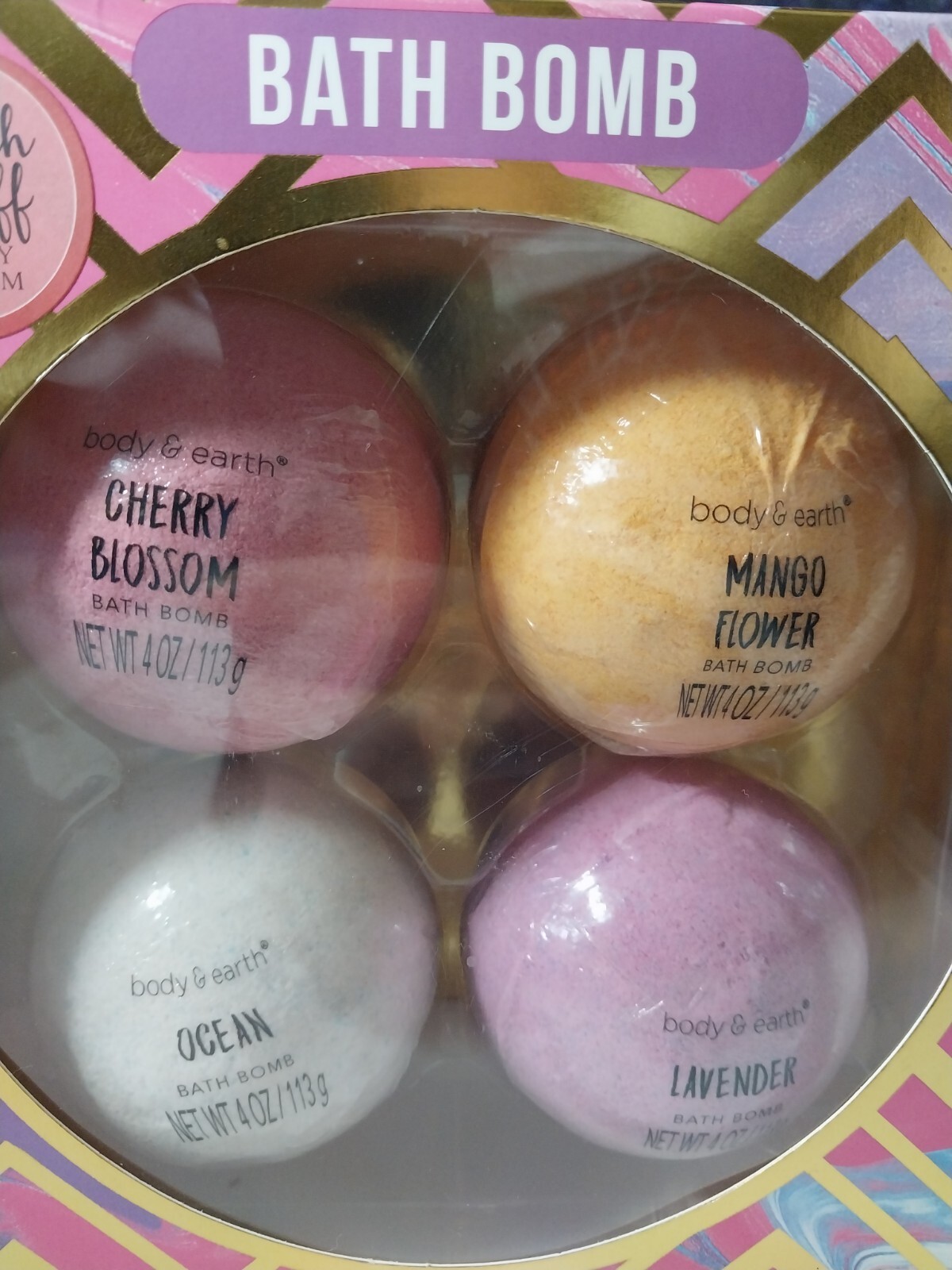 Body & Earth Bath Bomb Set of 4 Cherry Blossom Ocean Lavender and Mango ...