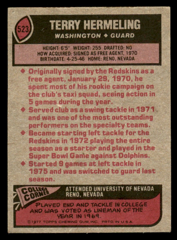 1977 Topps Terry Hermeling # 523 Washington Redskins | eBay