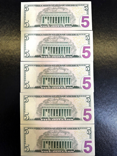 Lots Of 5 New Uncirculated Five Dollar Bills $5 Sequential Notes Series ...