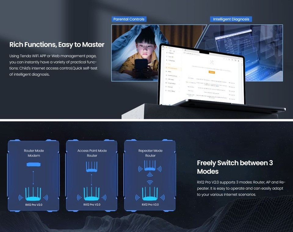 Tenda RX12 Pro Wi-Fi 6 Router AX3000 Gigabit Wi-Fi 6 Speed Expanded Wi ...