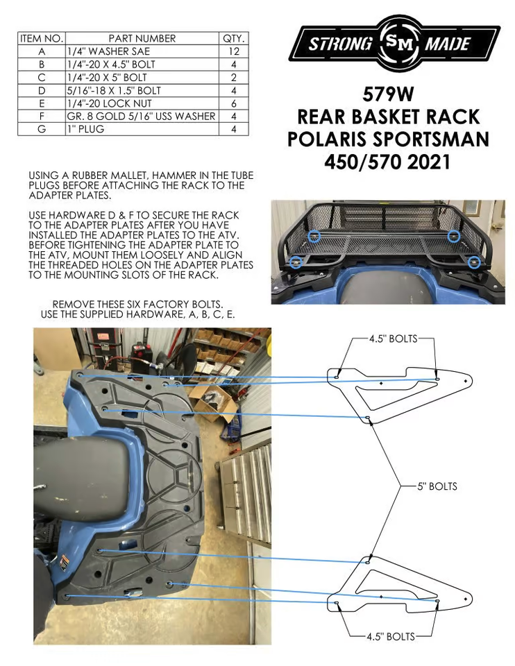 STRONG MADE FLAT REAR BASKET RACK BLACK POLARIS SPORTSMAN 450 / 570 ...