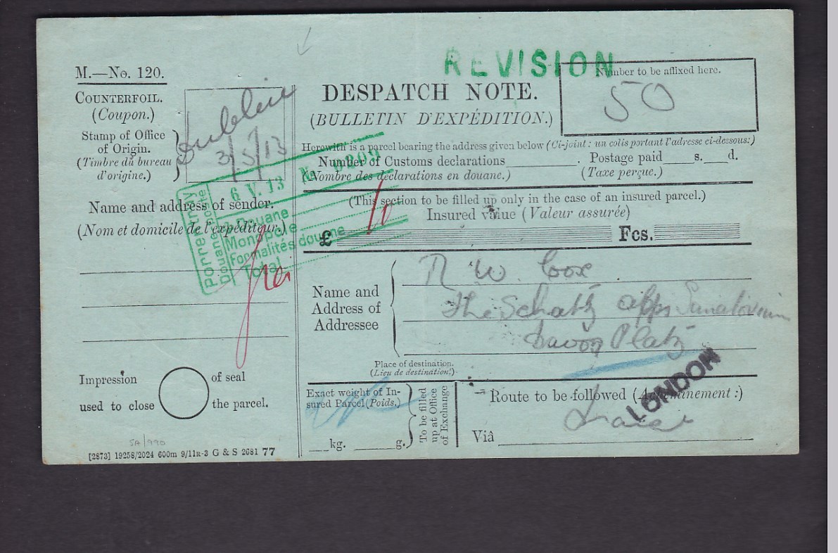 GB 1913 Parcel Despatch Note + Counterfoil Dublin Ireland to Davos ...