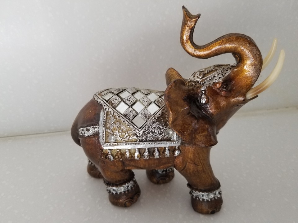 Elephant Trunk Up Resin Figurine with Decorative Ornate Blanket & Trim ...