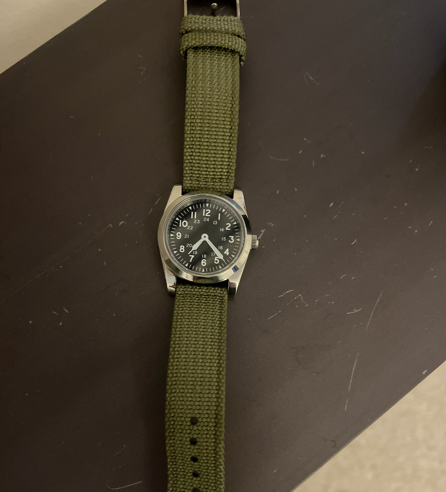 Custom assembled men's mechanical field watch, automatic with green ...