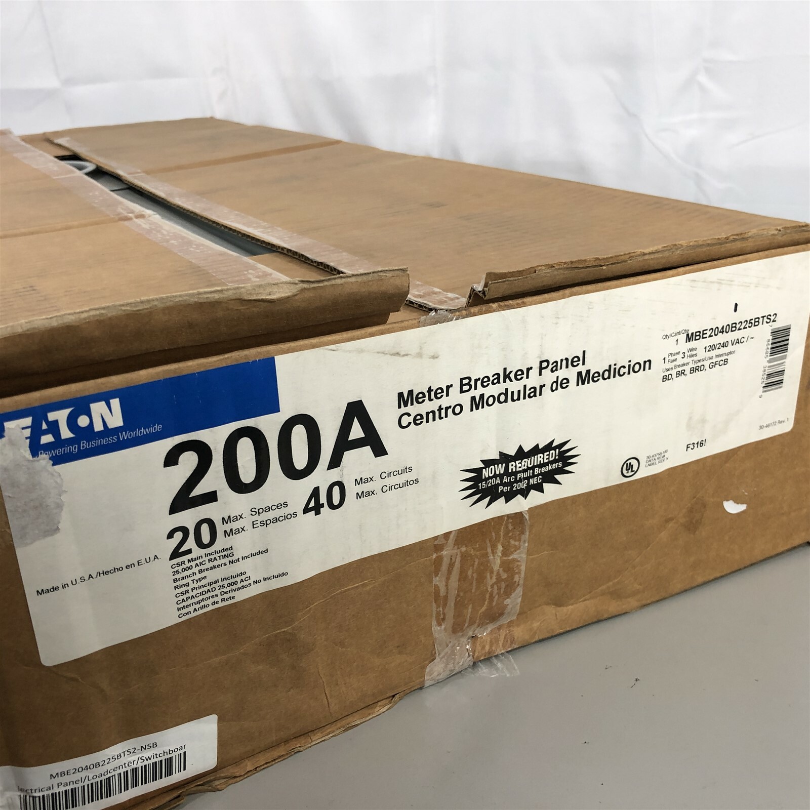 Eaton 200A Meter Breaker Panel MBE2040B225BTS2 20SP 40C 120/240V 1P 3W ...