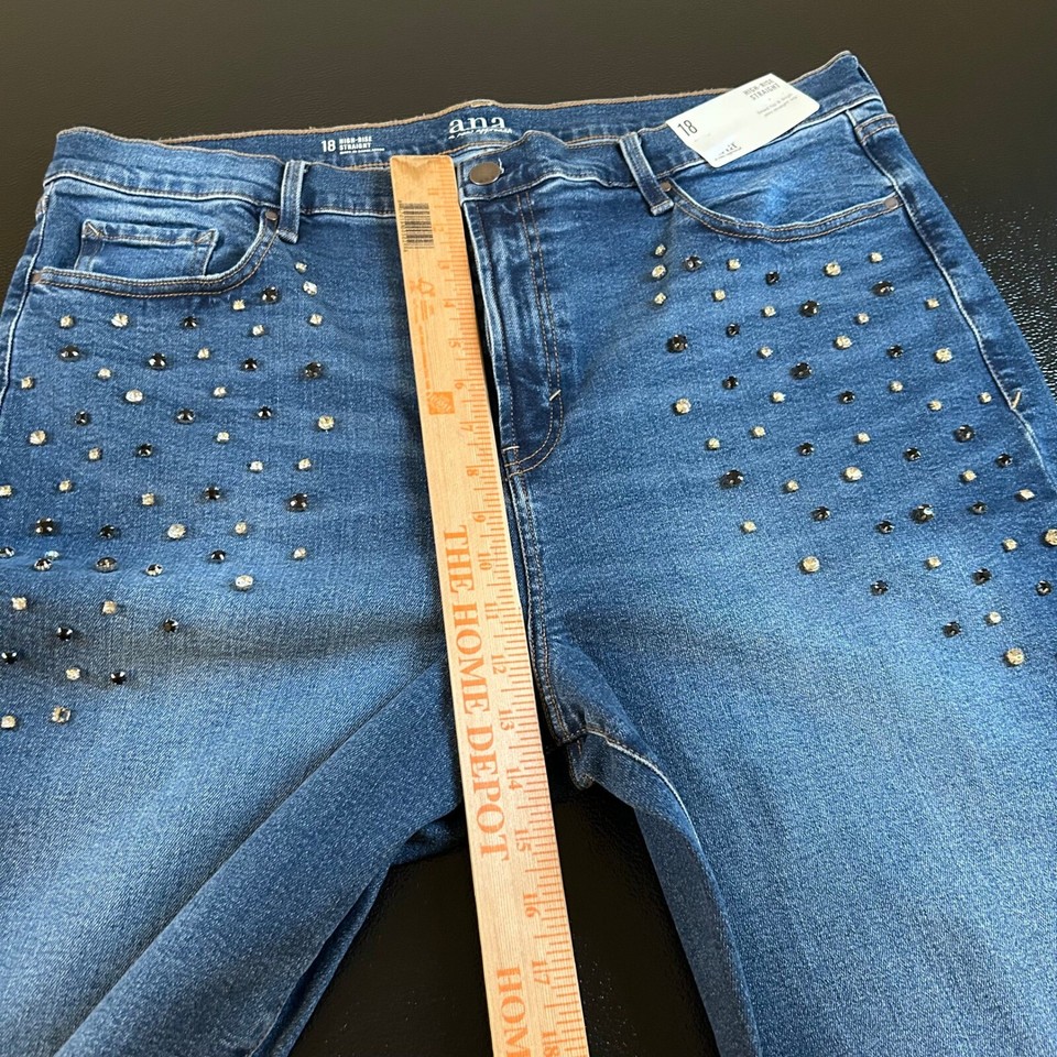 ANA High Rise Straight Jeans Embellished Rhinestone Denim Pants Womens ...