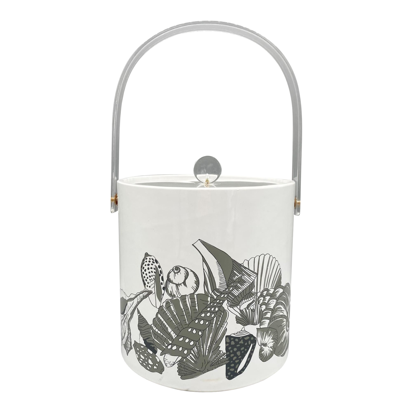 Vintage White and Gray Seashell Shell Ice Bucket With Lucite Handle and ...