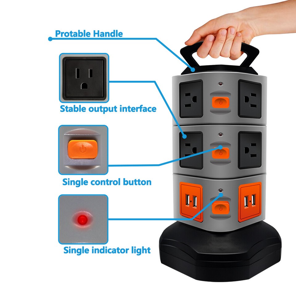 Multi-outlet power tower Vertical Rotating Overload protector 4 USB ...