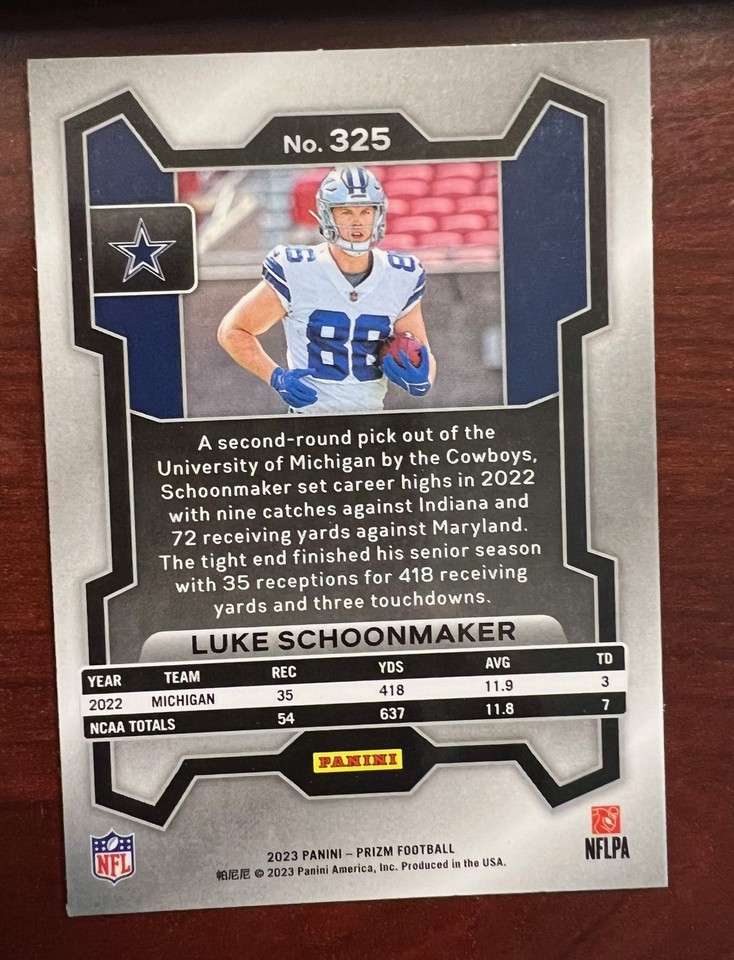Luke Schoonmaker Rookie Card RC 2023 Panini Prizm #325 Dallas Cowboys ...