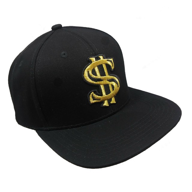 Money Dollar Sign Design Embroidered Black/Gold Flat Bill Snapback Cap ...