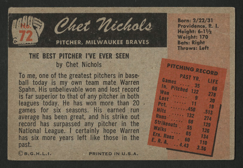 1955 BOWMAN 72 CHET NICHOLS AUTOGRAPHED PERFECT POSITION SIGNED ...