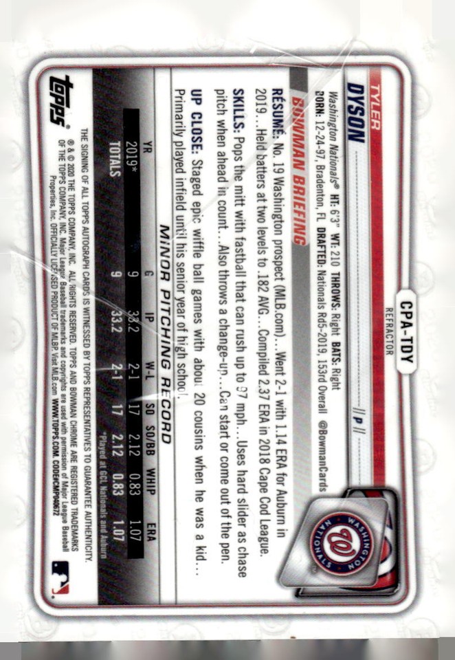 2020 Bowman Chrome #CPA-TDY Tyler Dyson Prospect Autographs Excellent ...