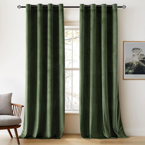 Woaboy Velvet Curtains 90 Drop Olive W 66 x L 90 (2 Panels), Green ...