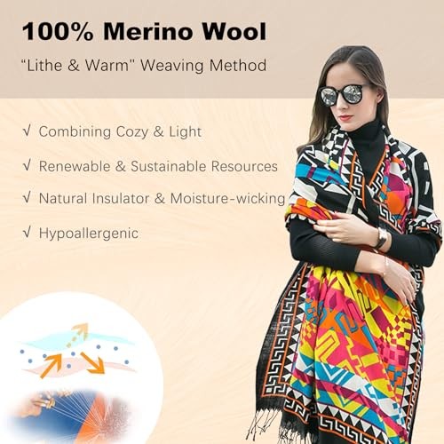 100% Merino Wool Pashmina Shawl for Women 96"x43", Oversized 12 ...