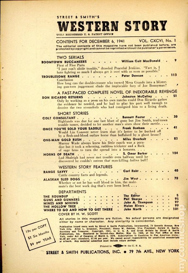 Western Story Magazine Pulp 1st Series Dec 6 1941 Vol. 196 #1 VG- 3.5 ...