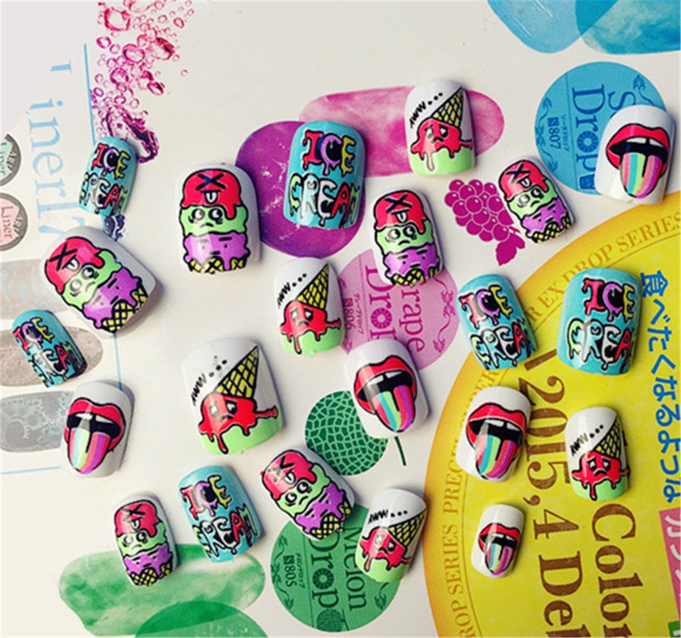 24pc False Nail Tips Cartoon Full Cover Comic Pink Fake Nails Art for ...