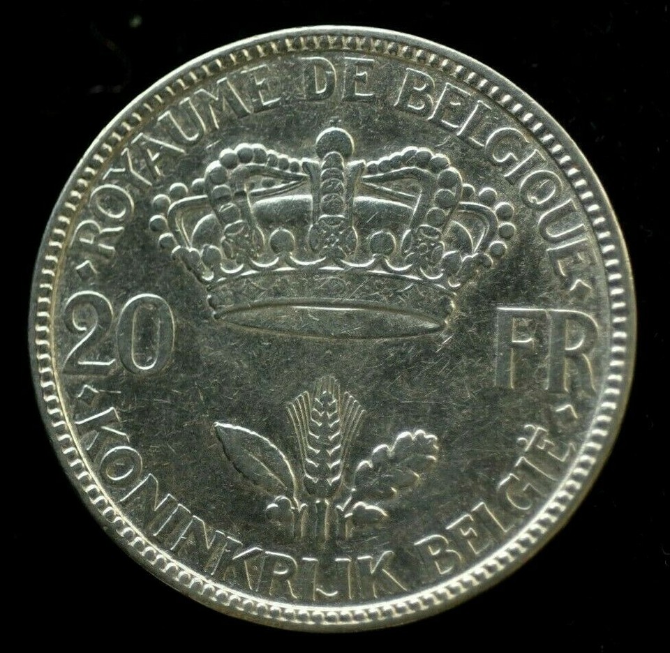 1935 BELGIUM 20 FRANCS SILVER LARGE COIN 11 GRAMS 28MM - UNC CONDITION ...