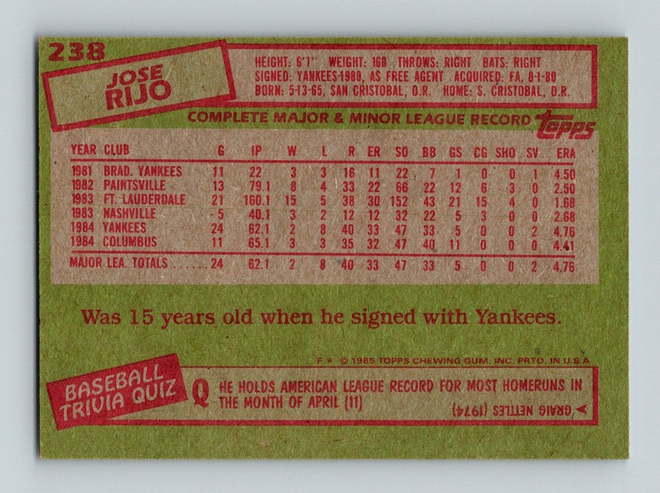 1985 Topps Baseball Card #238 Jose Rijo New York Yankees Rookie RC | eBay