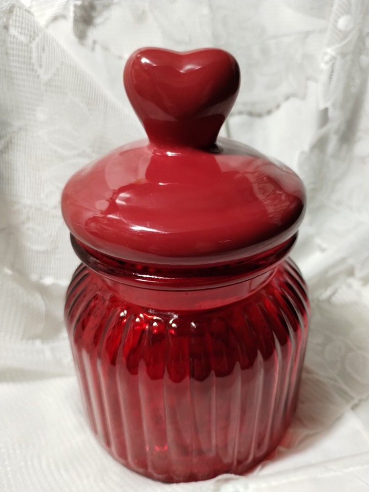 VALENTINE'S Pink Heart GLASS CONTAINER JAR CANISTER STORAGE w Lid clear ...
