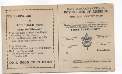 VINTAGE BOY SCOUT 1940's First Class ADVANCEMENT CARD- East Boroughs ...