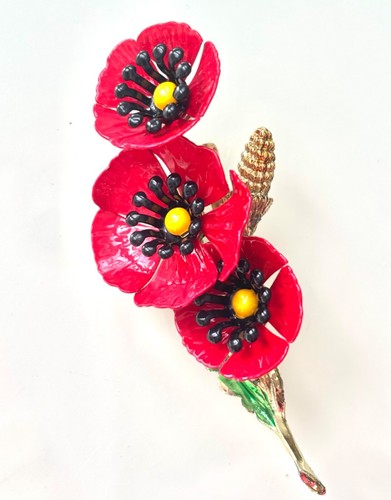 VINTAGE DARK RED POPPY FLOWER PIN,TRIPLE BLOOMS,FLOWERS OF REMEMBRANCE ...