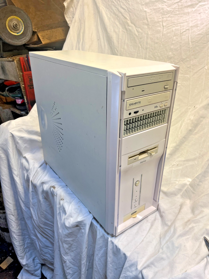 VINTAGE ALPHA DESKTOP COMPUTER TOWER -LIGHTS UP-FAN WORKING-DOORS OPEN ...