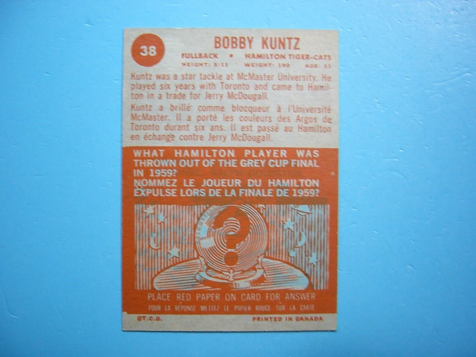 1963 TOPPS CFL FOOTBALL CARD #38 BOBBY KUNTZ EX/NM NM SHARP!! '63 TOPPS ...
