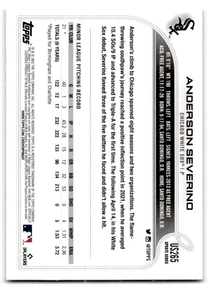 2022 Topps Update #US265 Anderson Severino | eBay
