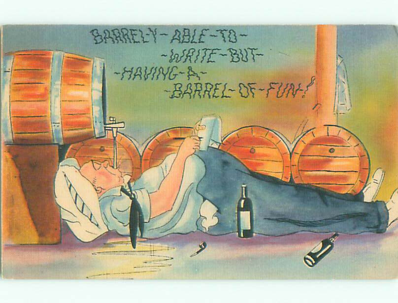 Linen comic BARREL OF FUN - DRUNK MAN DRINKS FROM KEG TAP : make an ...