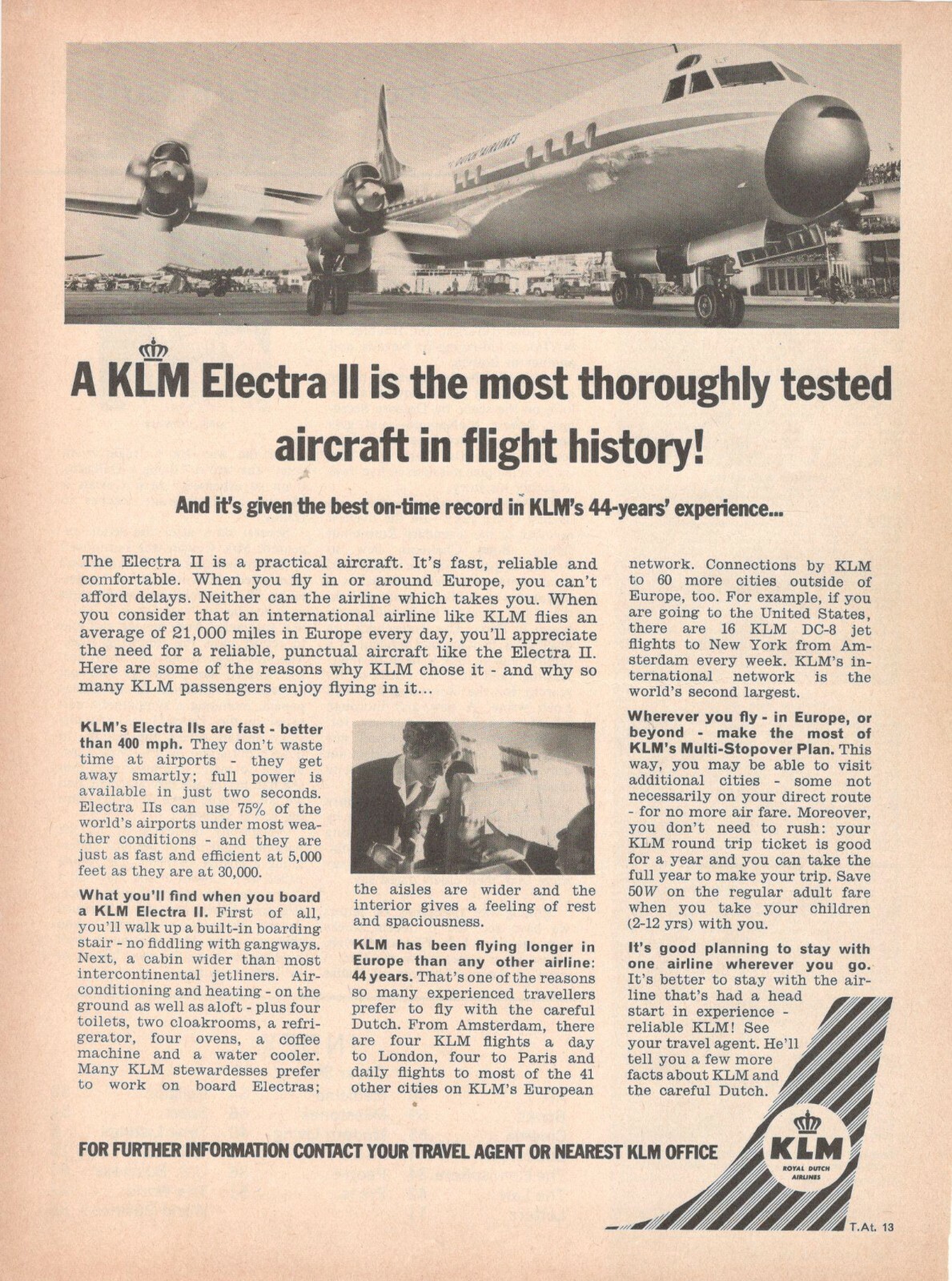 KLM Netherlands Royal Dutch Airlines Advertisement 1 page 1964 Electra ...