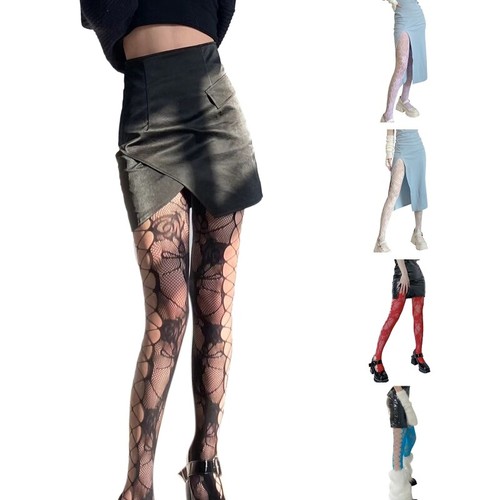 Women Punk Colorful Fishnet Pantyhose Side for Hole Rose Patterned Mesh ...