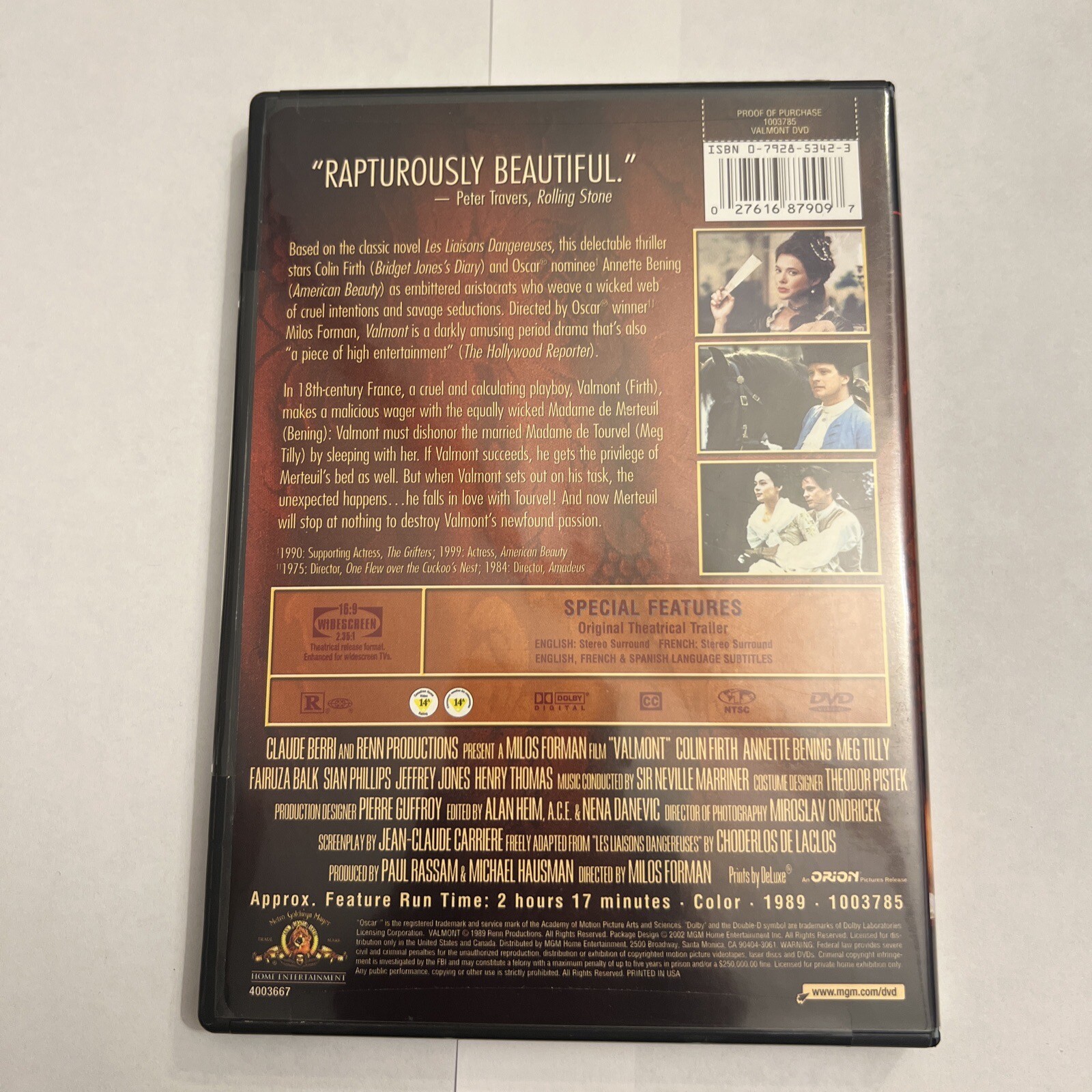 Valmont (DVD, 2002, Widescreen) Like NEW Annette Bening Colin Firth ...