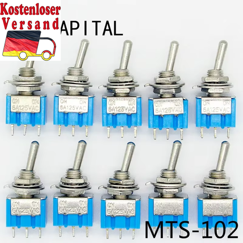 10Pc/Lot Blue Mini MTS-102 3-Pin SPDT ON-ON 6A 125VAC Miniature Toggle ...