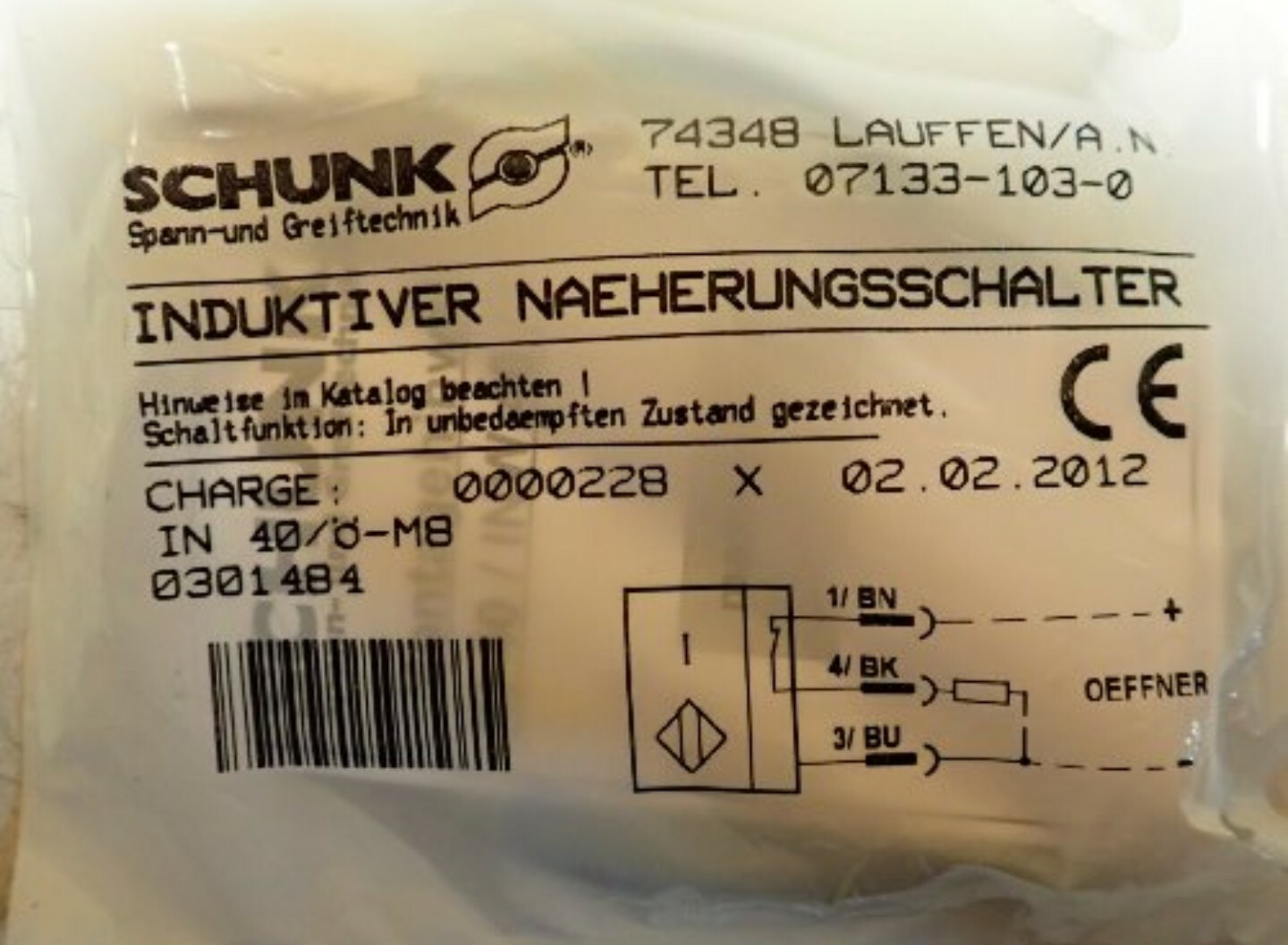 SCHUNK 301484, INDUCTIVE PROXIMITY SENSORS, IN-40/O-M8, (3pc. Lot ...
