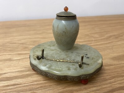 Antique Chinese Carved Hardstone Celadon Pen Stand & Inkwell JADE BRASS ...