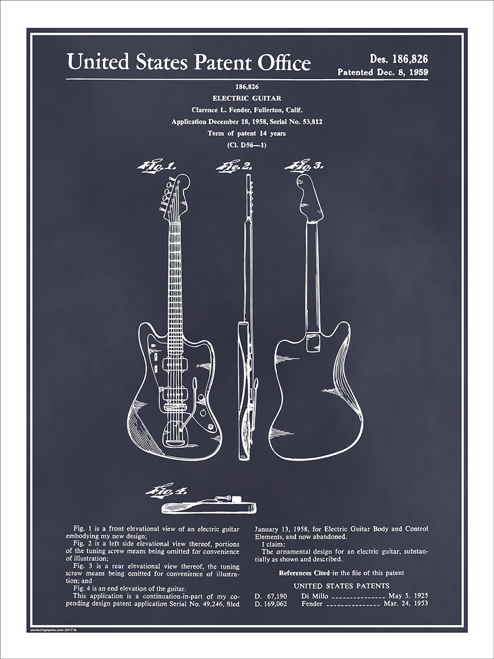 1958 Fender Electric Guitar Patent Print Art Drawing Poster | eBay